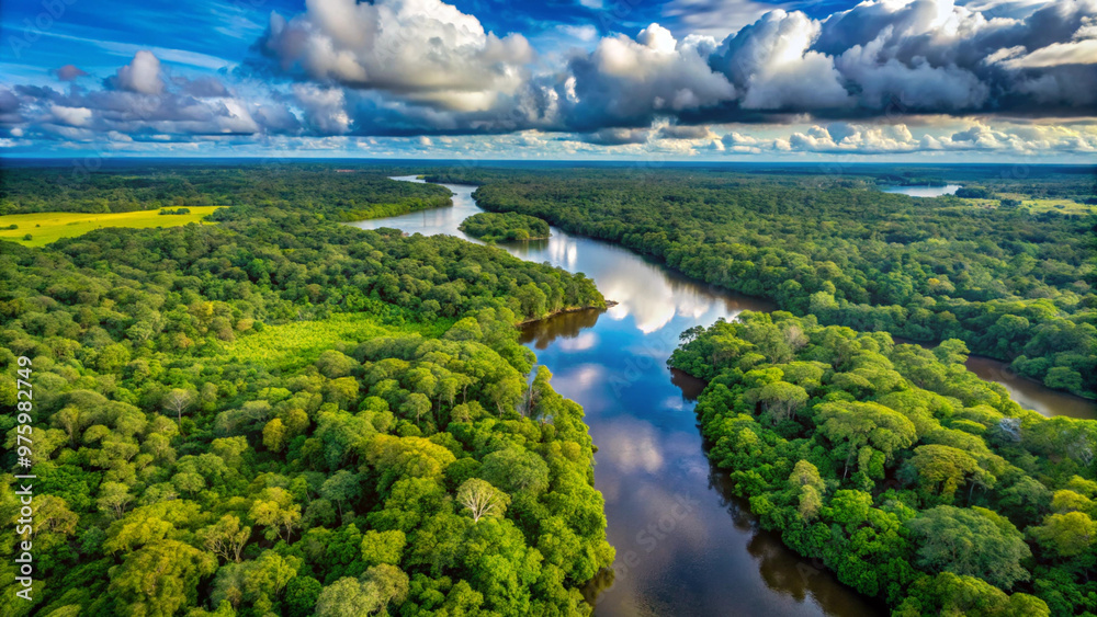 Aerial perspective of the Amazon rainforest, revealing the dense ...