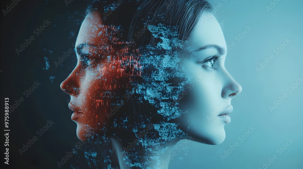 A fragmented,digital twin assisting in a futuristic,sci-fi ...