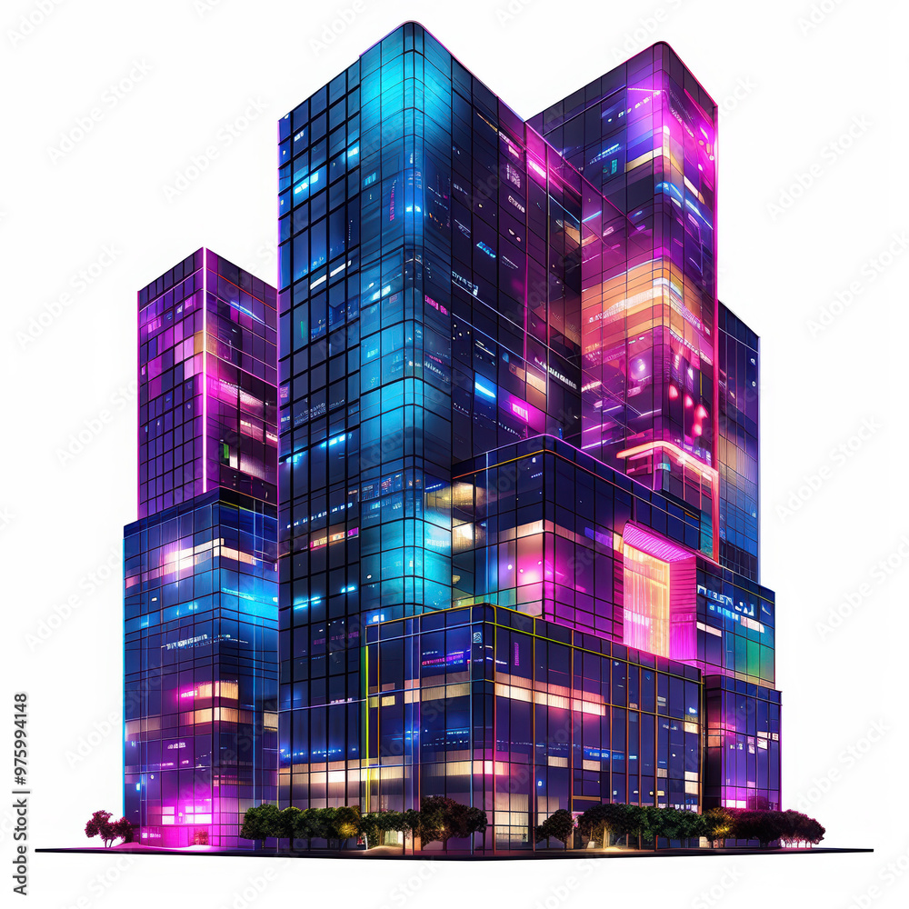 skyscraper building neon lights cityscape modern architecture ...