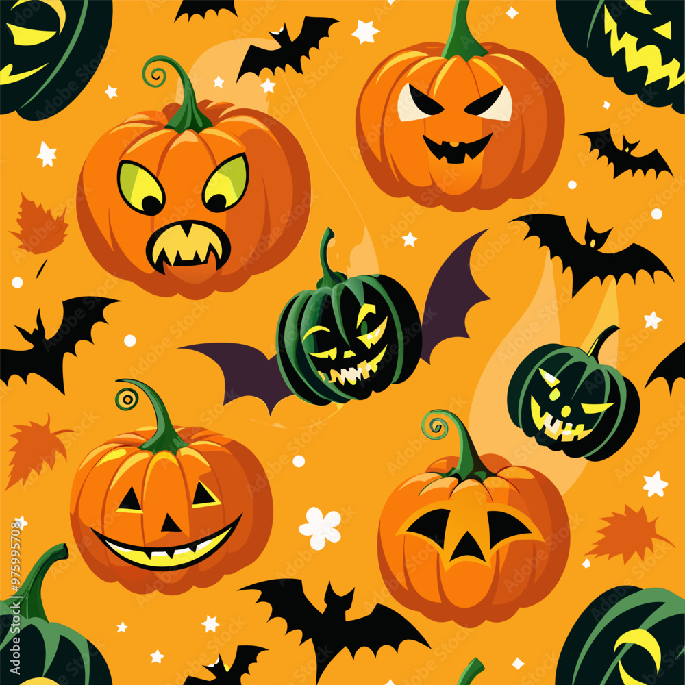 seamless pattern for Halloween with orange smiling spooky pumpkins on ...