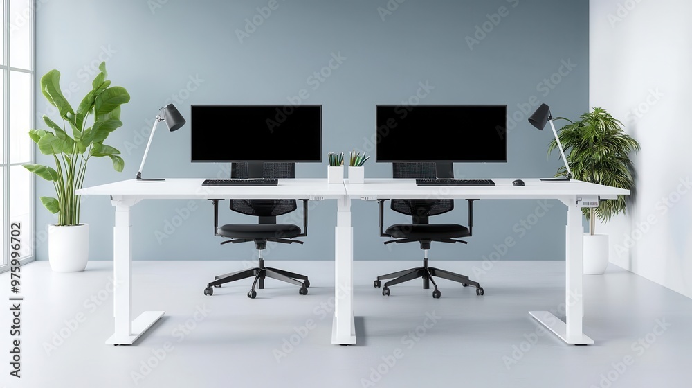 An office with an adjustable desk layout, allowing employees to ...