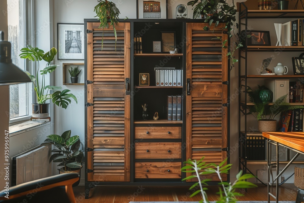 Modern industrial style storage cabinet with wooden slats, black metal ...