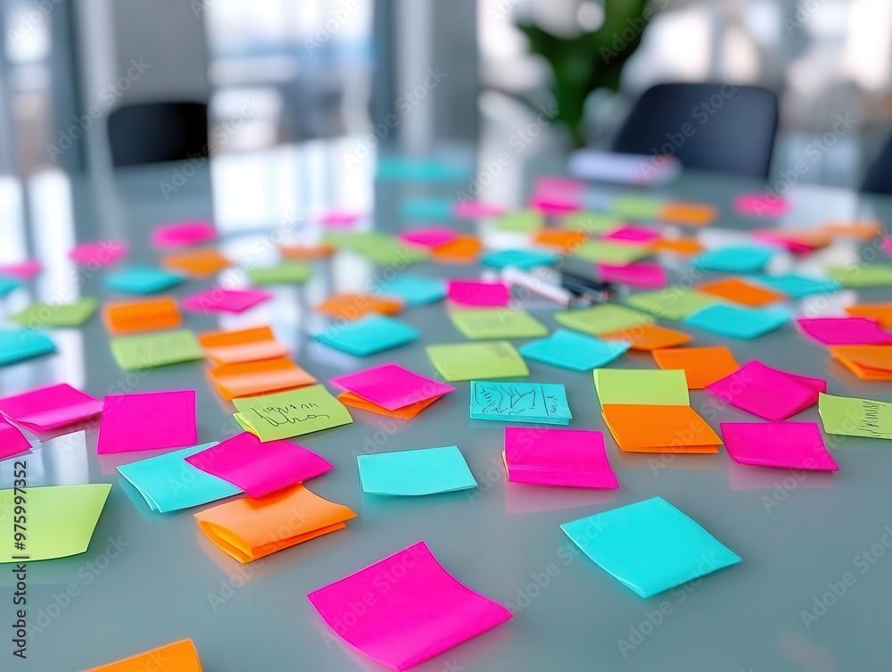 A brainstorming session in a flexible office layout, with post-it notes ...