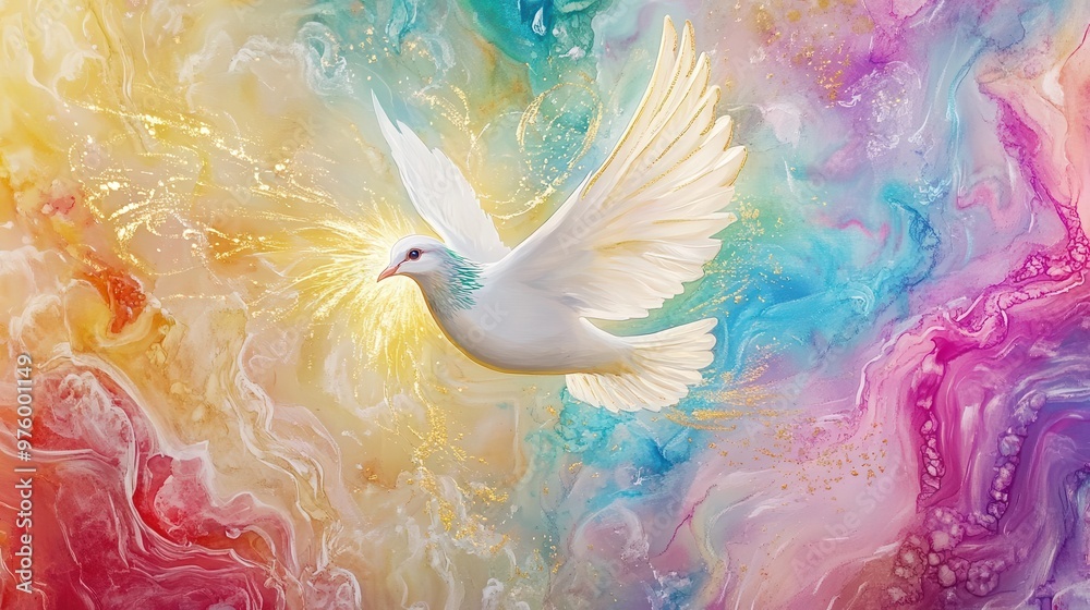 ethereal dove soaring through swirls of vibrant watercolors embodying ...