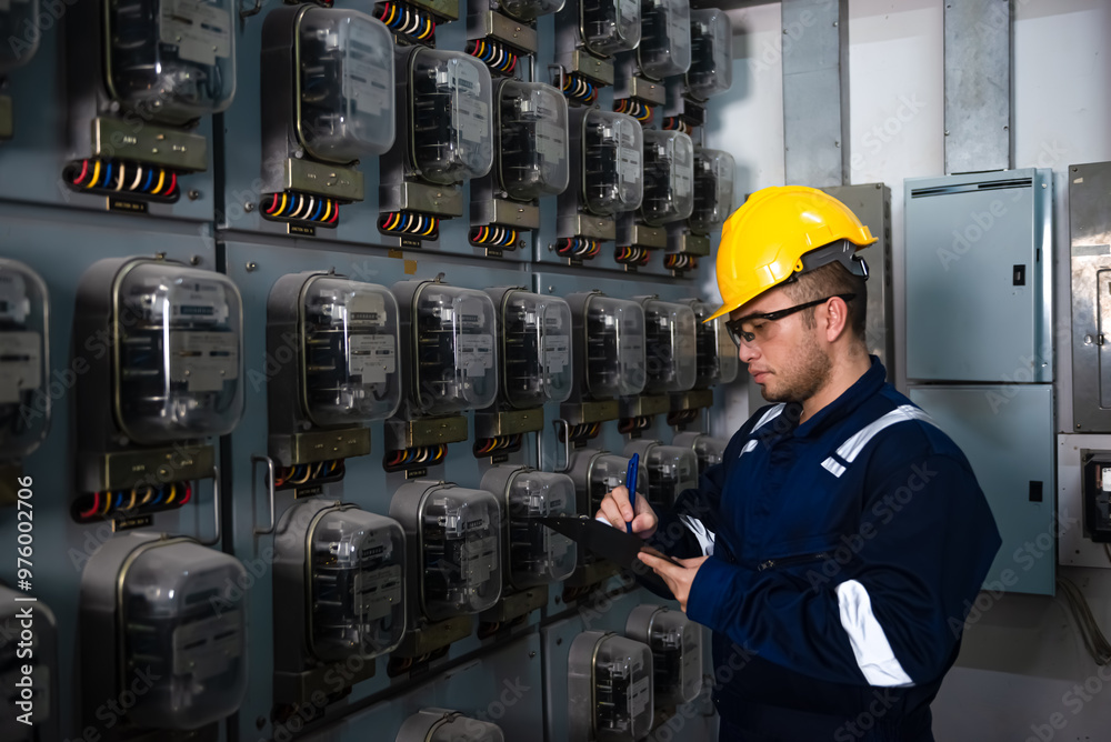 Electrical maintenance engineer is checking .Electricity meter, main ...