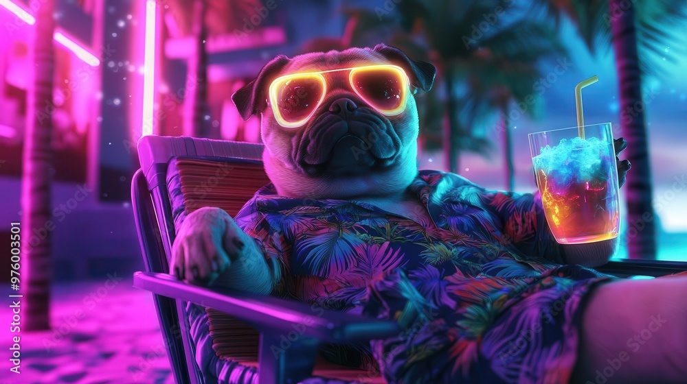 ethereal pug in neon shades lounging on a holographic beach chair ...