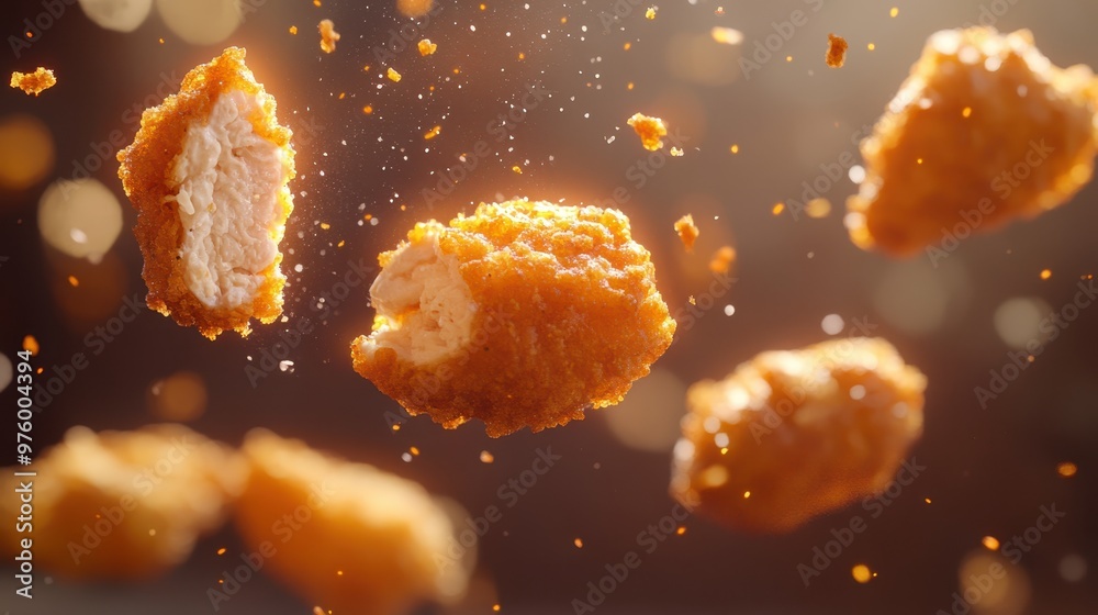 Levitating chicken nuggets cut into pieces, glowing golden edges and ...