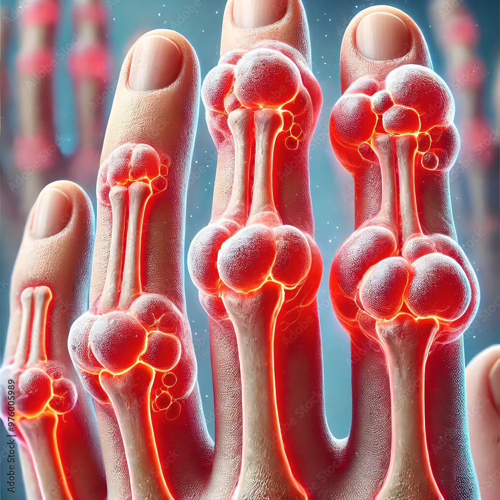 3D Bone: Close-up inflammation and swelling in finger joints of patient ...