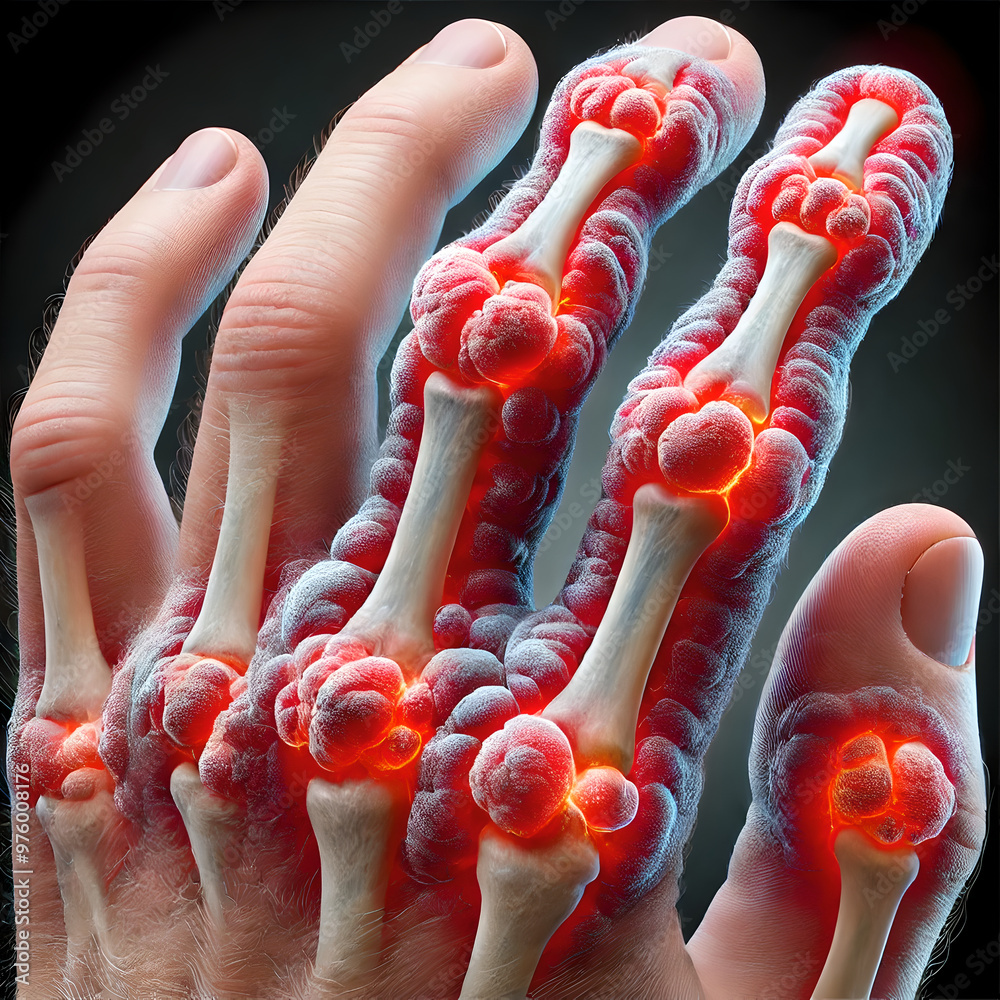 3D Bone: Close-up inflammation and swelling in finger joints of patient with gout. uric acid ...