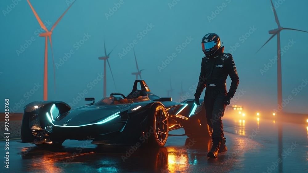 A victorious driver, wearing a modern helmet, steps out of an electric ...