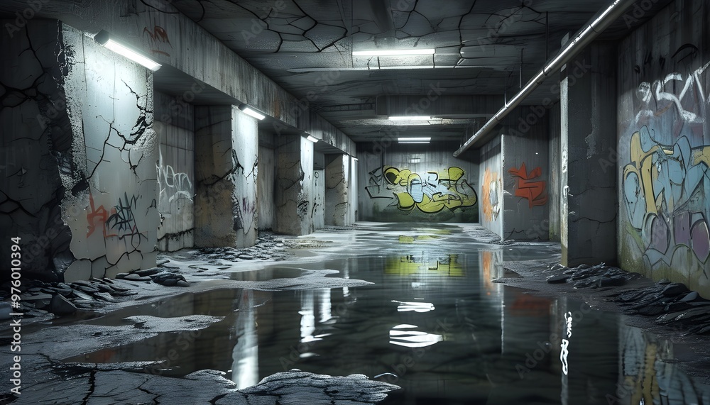 Haunting echoes of a forgotten basement with water pooling on cracked ...