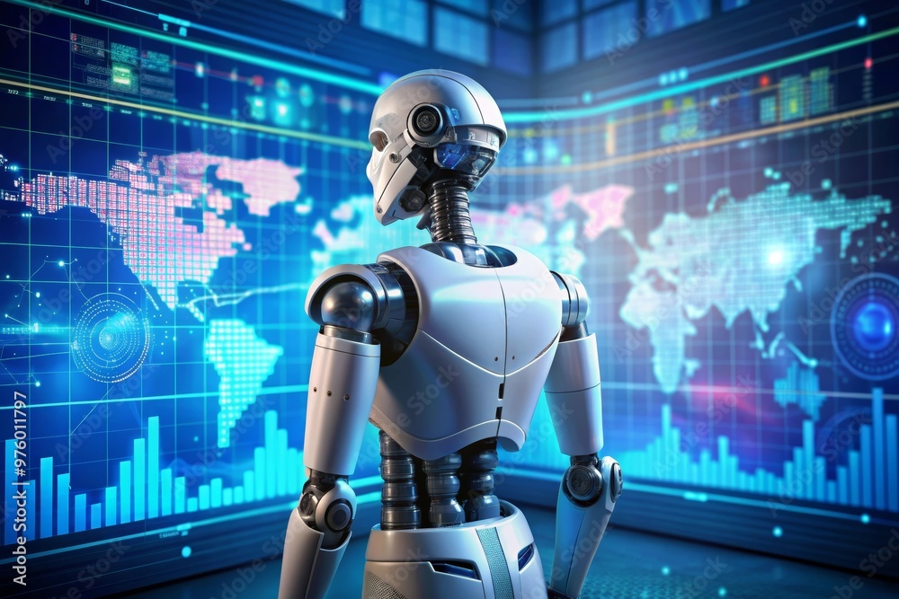 AI Humanoid Robot Analyzing Financial Data on Digital Screens in a ...