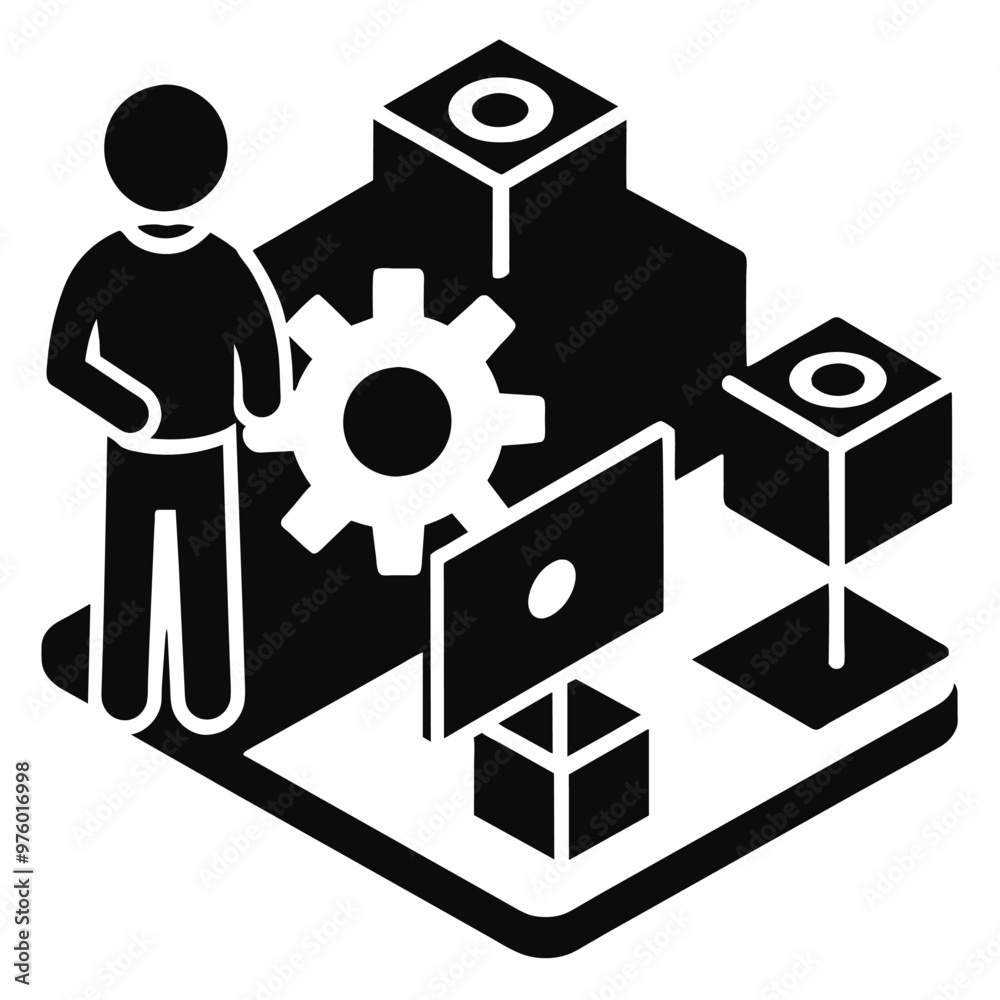 A person engages with graphical elements representing configuration ...