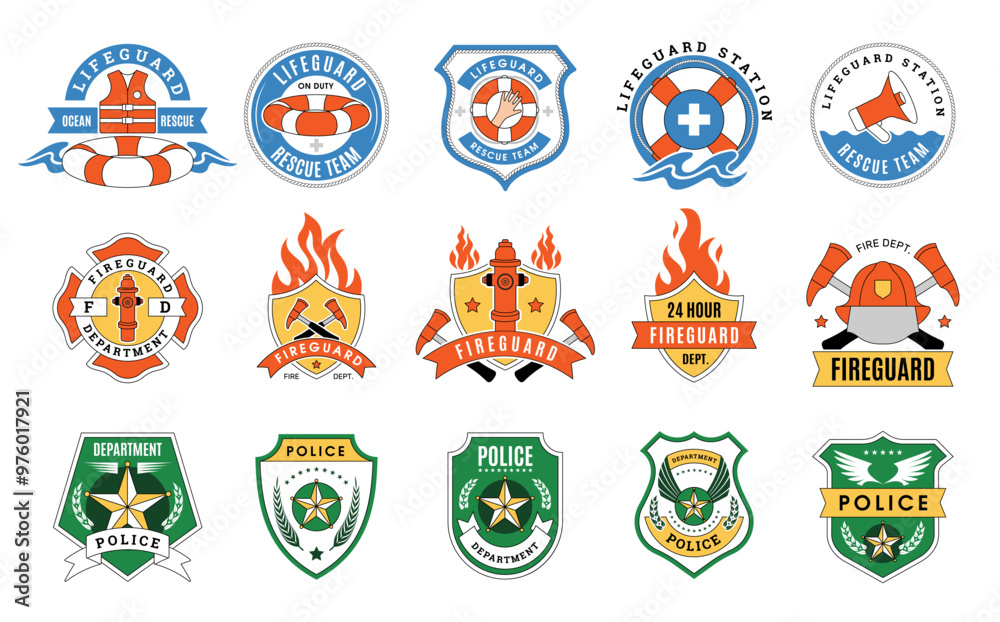Security badges. Shield emblems of lifeguard services police and ...