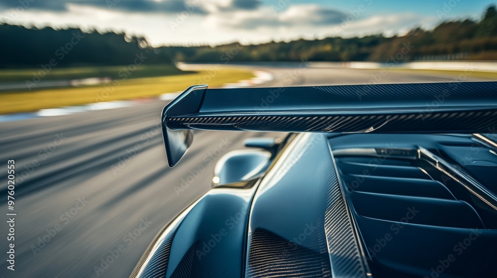 The carbon fiber rear wing of a supercar captures the wind on a blurred ...