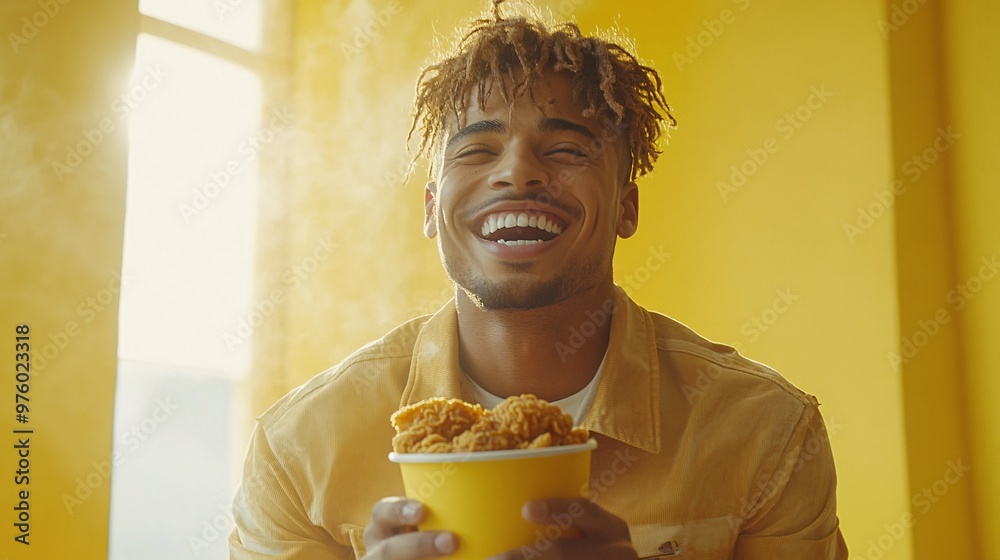 A young man holding a bucket of fried chicken, laughing with his head ...