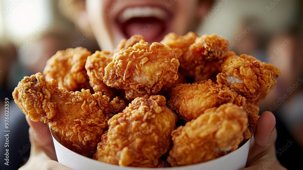 A young man holding a bucket of fried chicken, laughing with his head ...