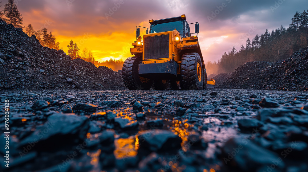 Heavy Duty Construction Loader Amidst Stockpiled Minerals at Sunset ...