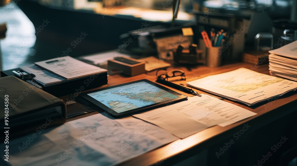 A close-up perspective of a port manager's desk displays a tablet with ...