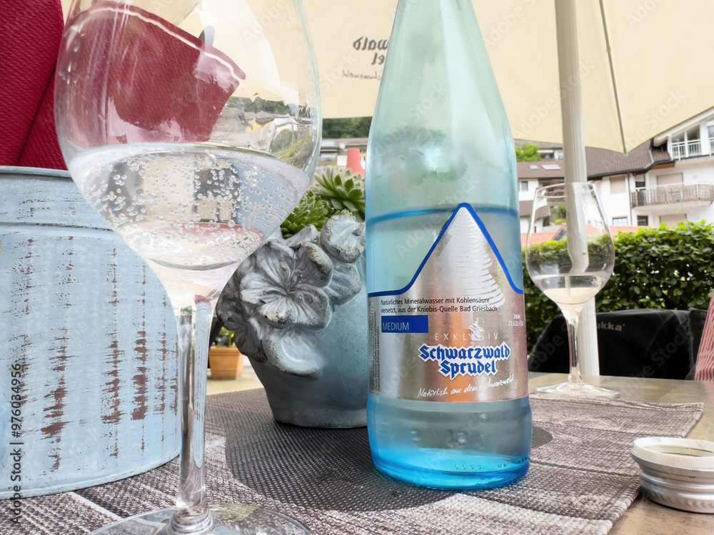 Germany - Aug 4, 2024: A chilled bottle of Schwarzwald Sprudel ...