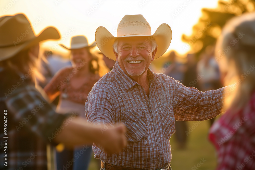 Sunset Line Dance: Joyful Cowboy Celebration. A cheerful man in cowboy ...