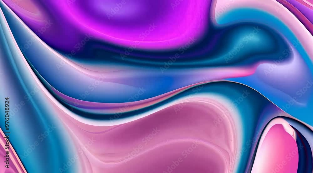Blue background, curved ribbon-like lines of light pink and blue colors ...
