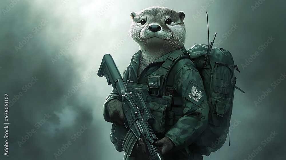 Brave Otter Soldier in Military Uniform with M4 Rifle in Misty Shadowy ...