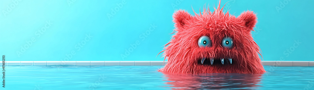 Furry monster diving into pool, creating splash of water, showcasing ...