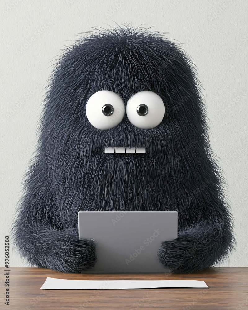 Furry monster in business meeting, looking surprised while holding ...
