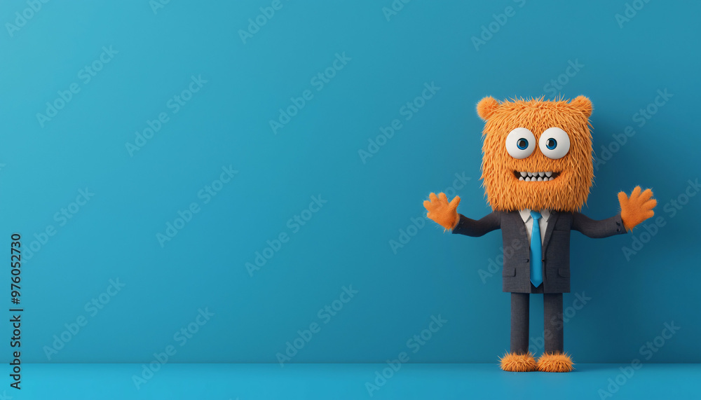 Furry monster in business suit stands confidently against blue ...