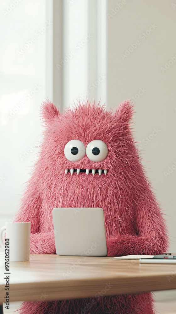 Furry monster in corporate brainstorming session, engaging with laptop ...