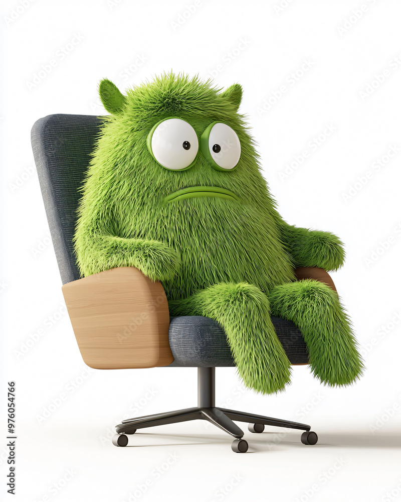 Furry monster in sleek office chair, spinning while looking surprised ...