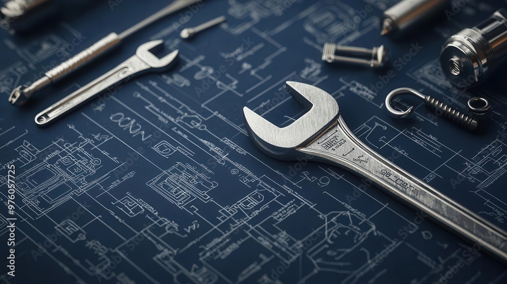 Mechanic wrench exploded view blueprint, parts labeled, industrial ...