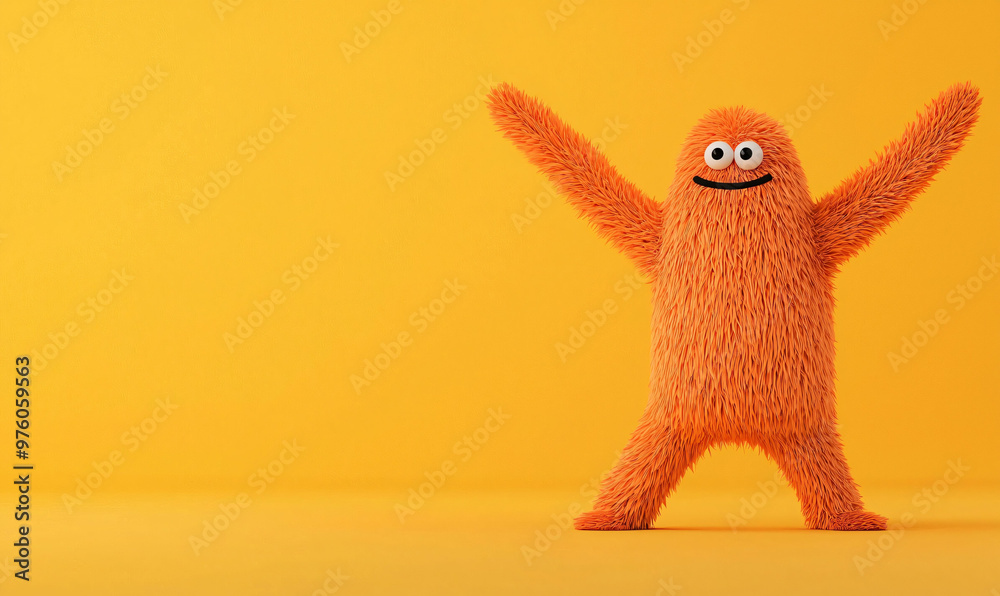 Furry orange monster doing yoga, stretching joyfully against bright ...