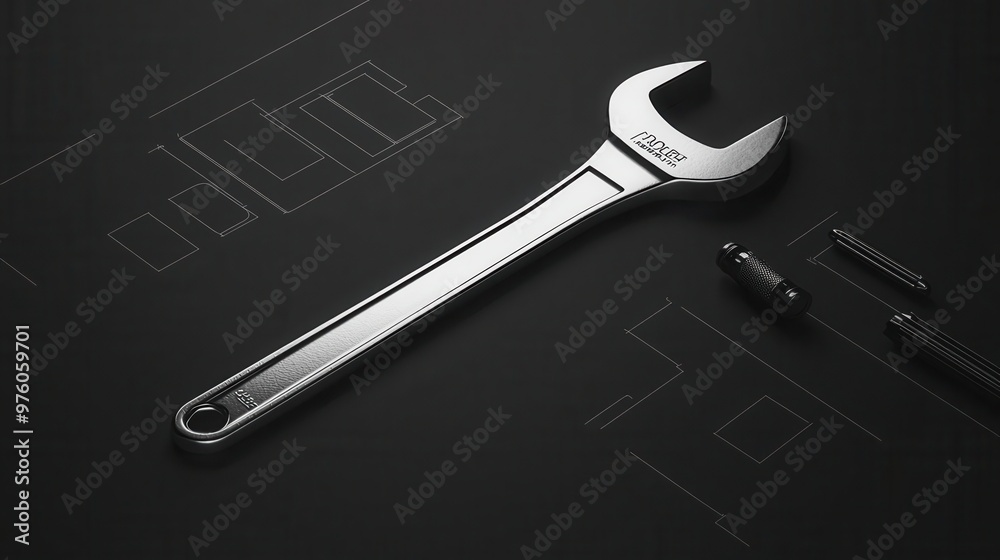 Detailed blueprint of a mechanic s wrench, technical drawing in ...