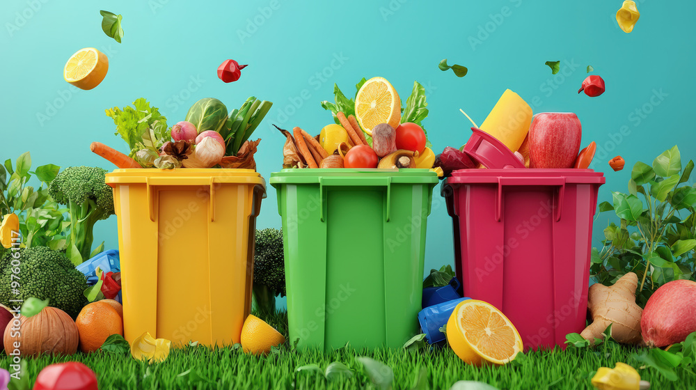 Colorful bins filled with fresh fruits and vegetables symbolize ...