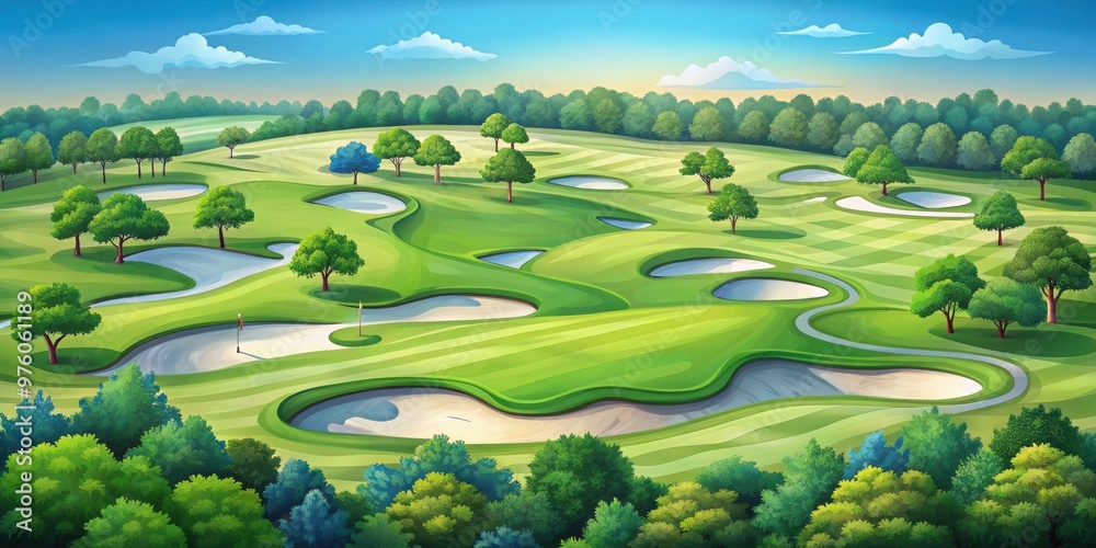 Detailed drawing of a golf course layout with bunkers, fairways, and ...