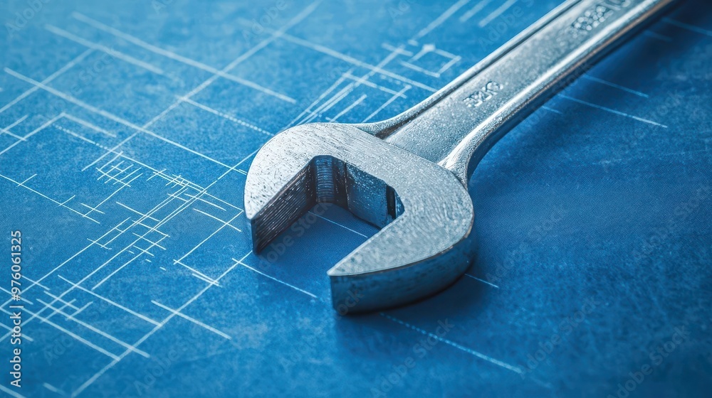 Blueprint of wrench with cross-sections and exploded view, precise ...