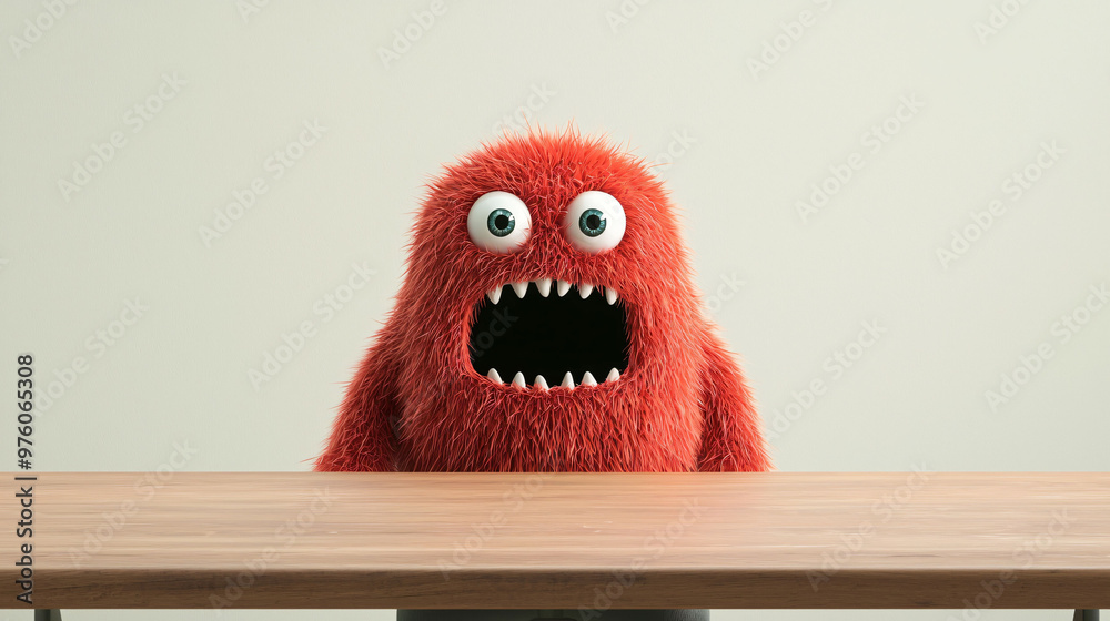 Furry red monster in boardroom reacting to business meeting with ...