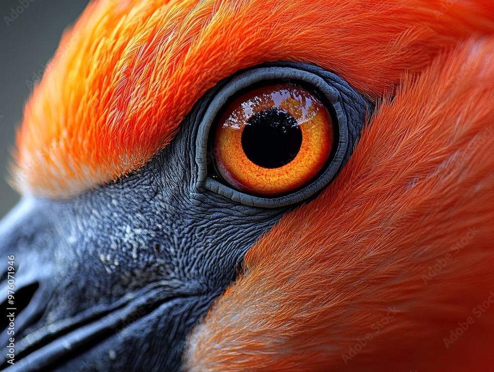 An extreme close-up image captures the vivid and intense eye of a red ...