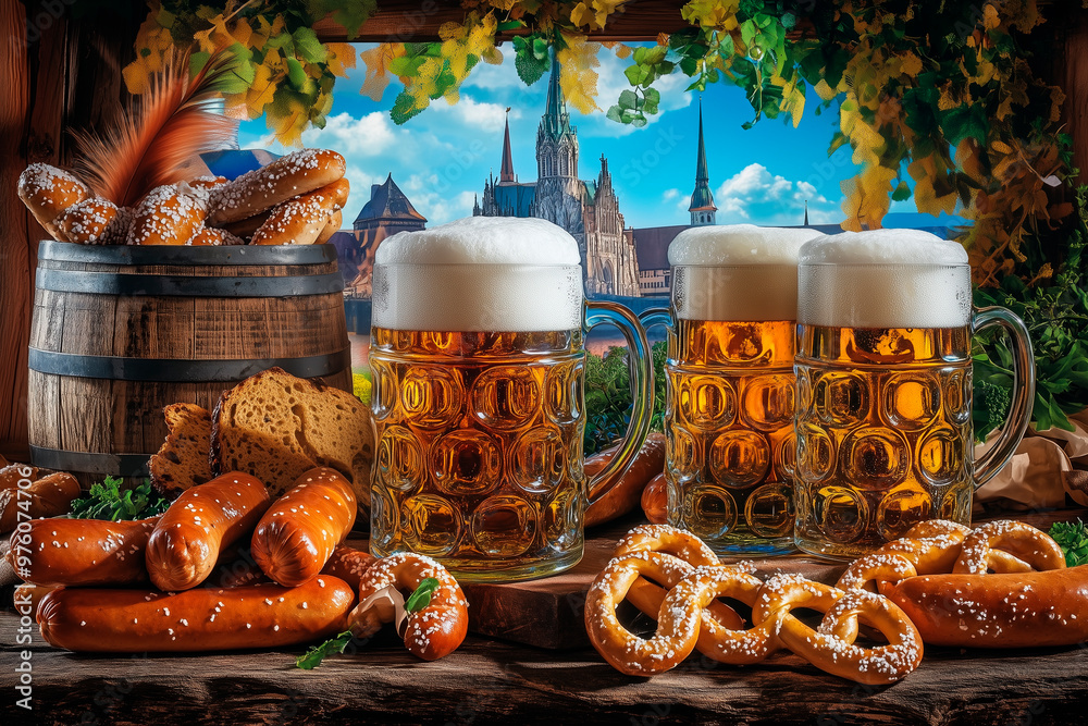 set of assortment of beer kegs, lederhosen, dirndls, and musical ...