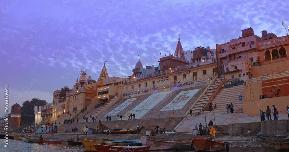Varanasi, India. Close-up View On Jain Ghat. Purple Blue Sunset Sky At ...