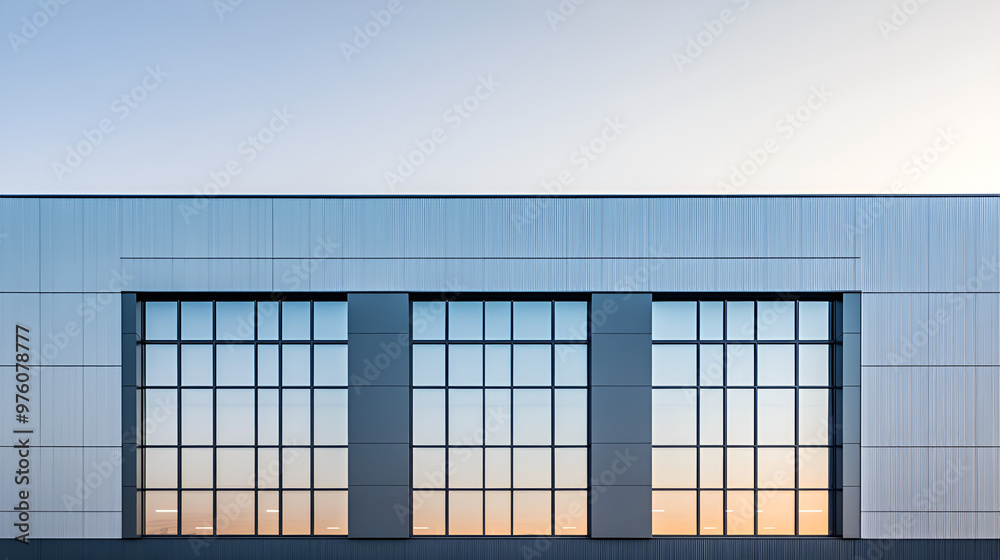Empty large modern warehouse exterior with metal cladding and large ...