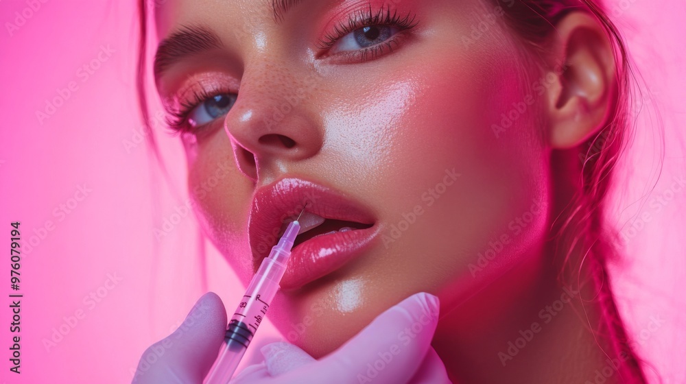 Lip Botox injections concept. Young woman getting beauty injection in ...