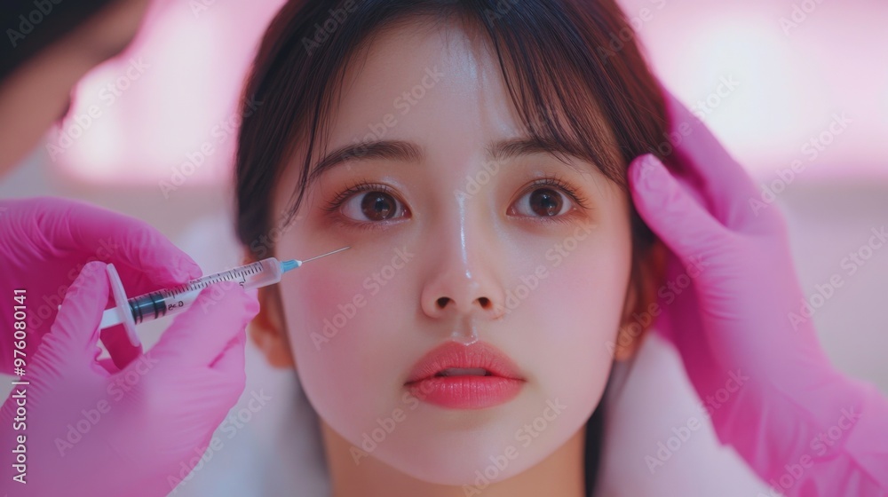 Lip Botox injections concept. Young asian woman getting beauty ...