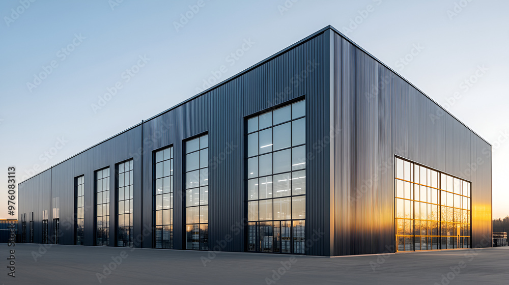 Empty large modern warehouse exterior with metal cladding and large ...