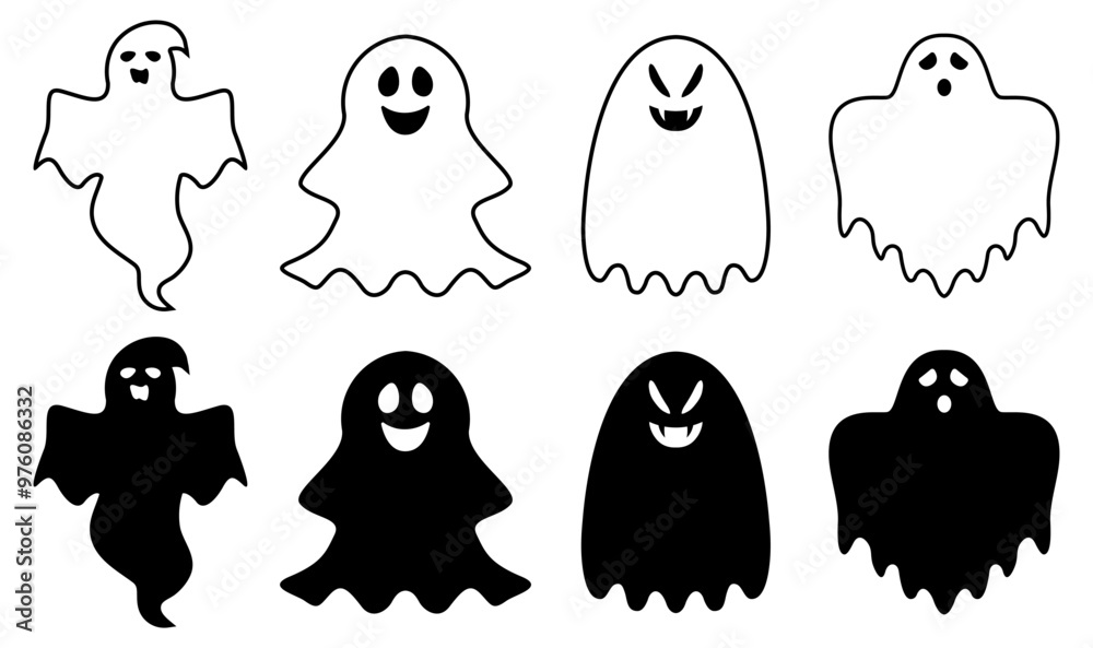 Ghost icons set. Cute ghost characters. Funny ghost signs in line and ...