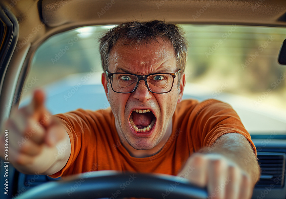 Angry driver shouting and pointing while sitting behind the wheel of a ...
