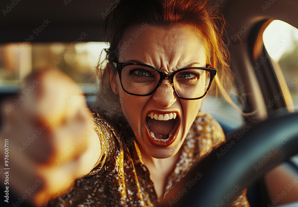 Angry driver shouting and pointing while sitting behind the wheel of a ...