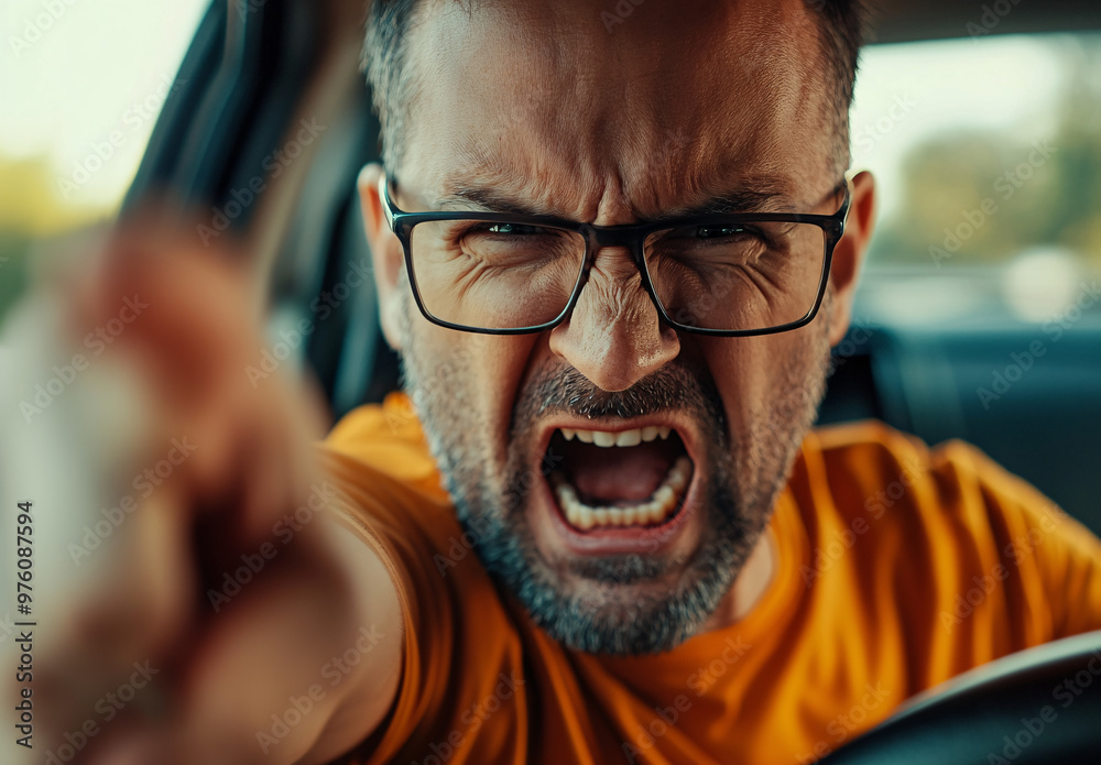 Angry driver shouting and pointing while sitting behind the wheel of a ...